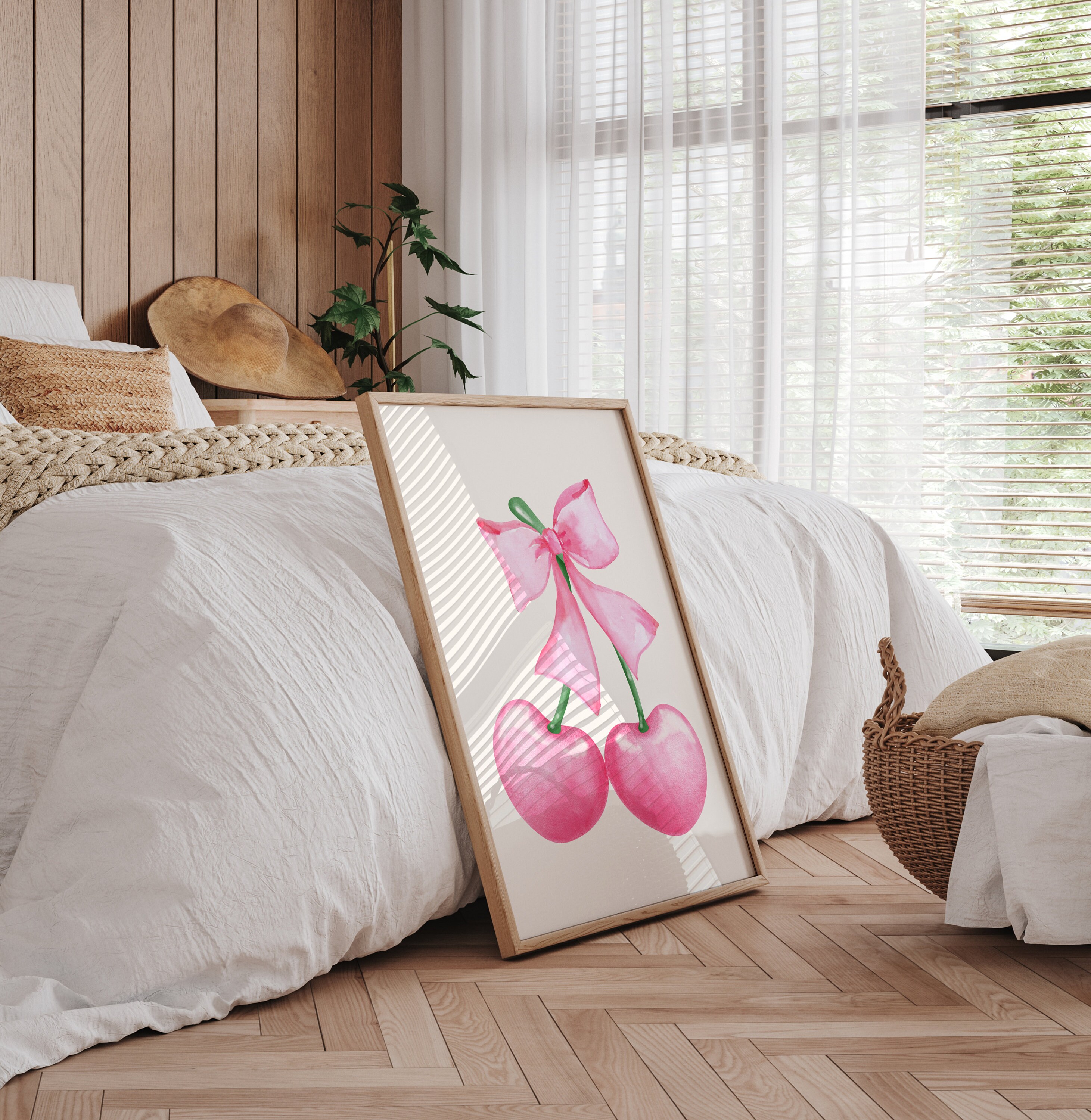 Cherry Wall Art Print, Printable Feminine Poster, Coquette Pink Bow Soft Girl Bedroom Decor ...