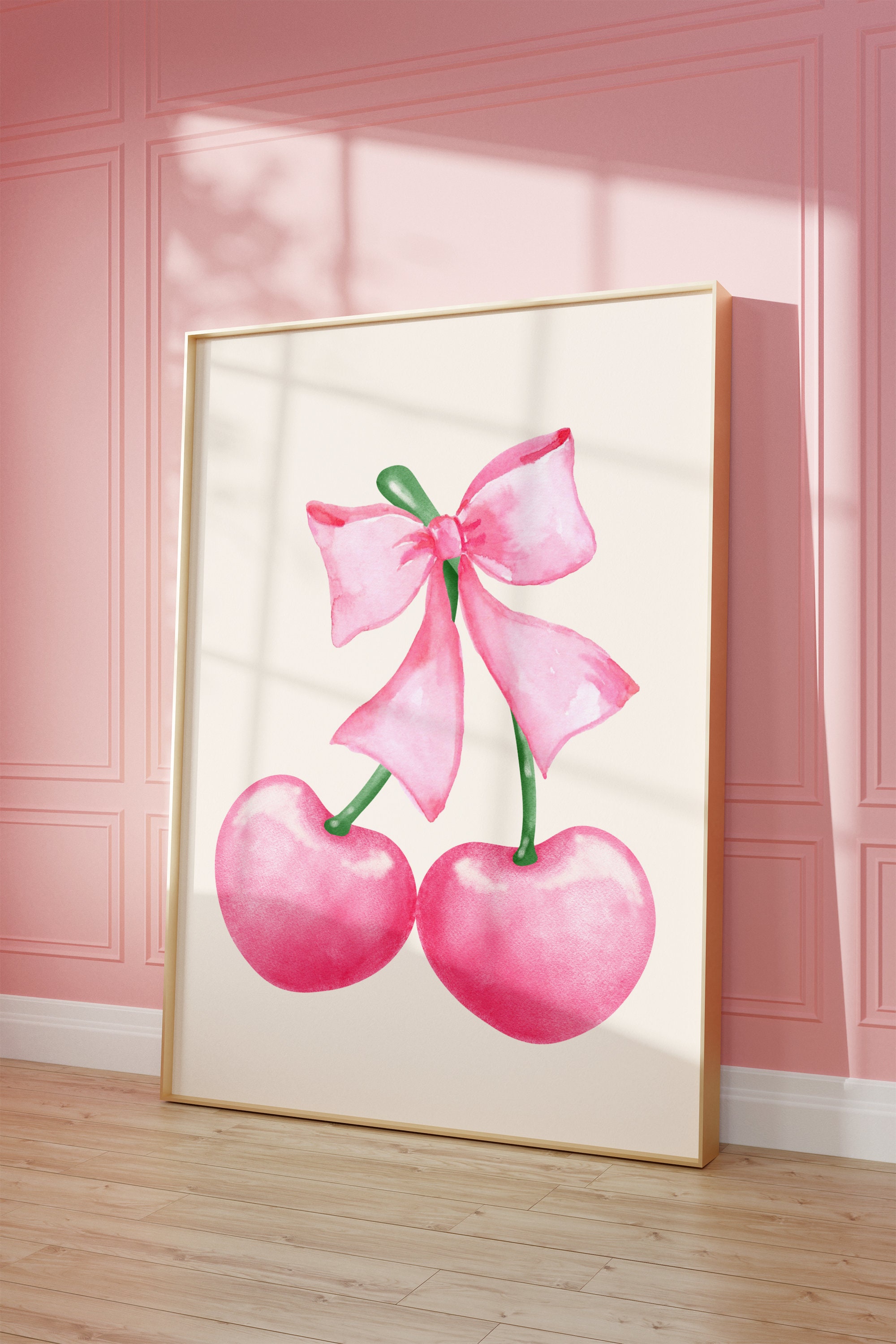 Cherry Wall Art Print, Printable Feminine Poster, Coquette Pink Bow Soft Girl Bedroom Decor ...