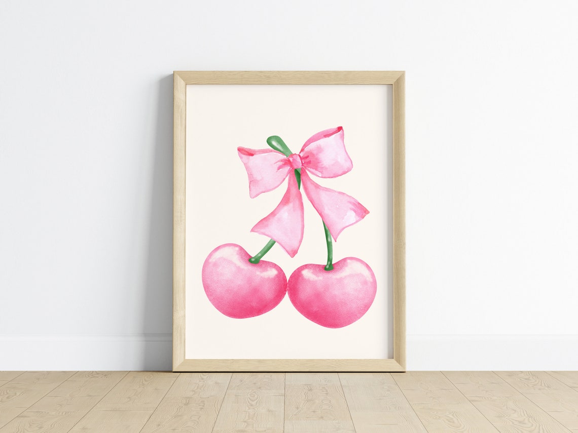 Cherry Wall Art Print, Printable Feminine Poster, Coquette Pink Bow ...
