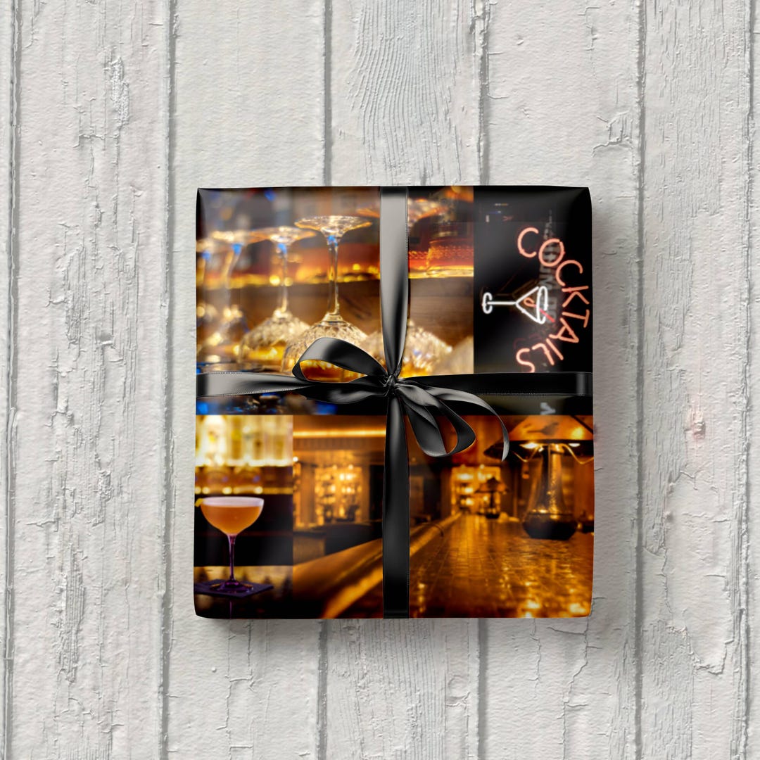 Golden Cocktail Bar Gift Wrap | Cozy Retro Party Wrapping Paper | Eco ...