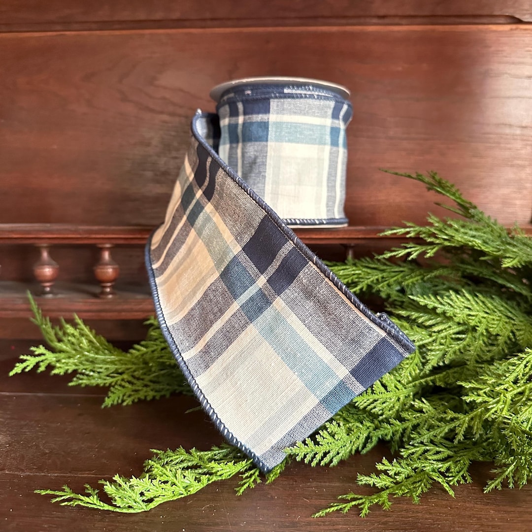 Navy Blue Plaid Wired Ribbon 2.5 Rustic Farmhouse Ribbon for Wreaths ...