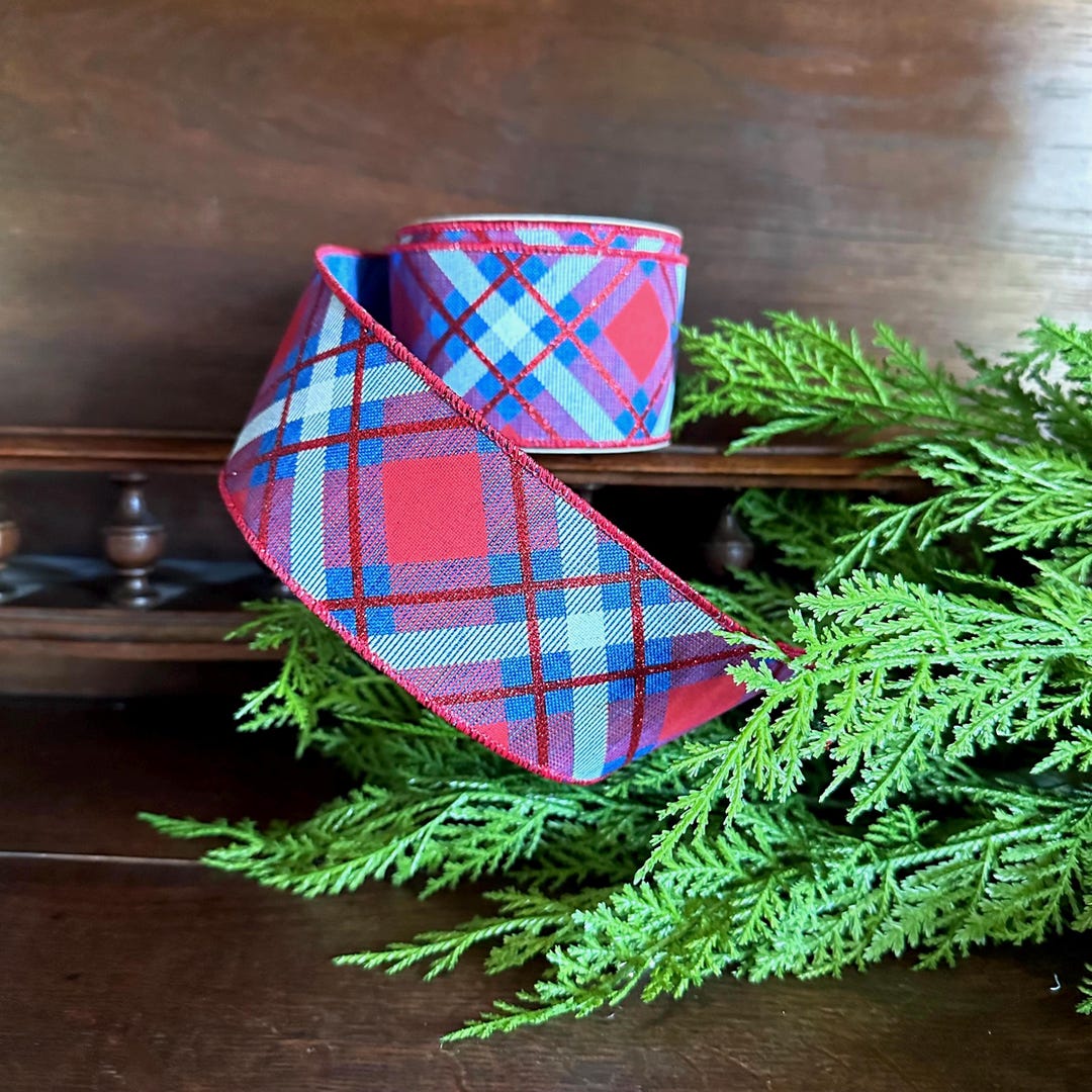 2.5" Patriotic Plaid Wired Ribbon Red, White Blue Plaid Ribbon for ...