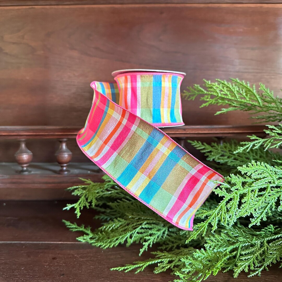 Faux Dupioni Plaid Ribbon 2.5-inch Wired Spring Ribbon for DYI Crafts ...