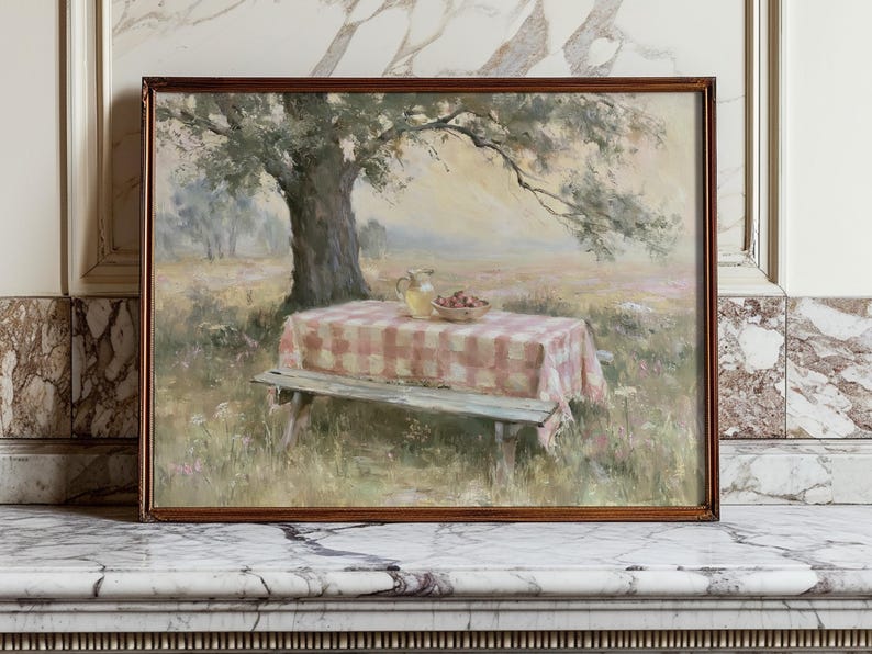 Vintage Picnic Table Print, Summer Mood Scenery Wall Art, Muted Colors ...