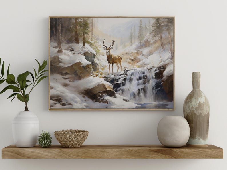 Deer Winter Stream Landscape Digital Print | Wildlife Snow Scenery Oil ...