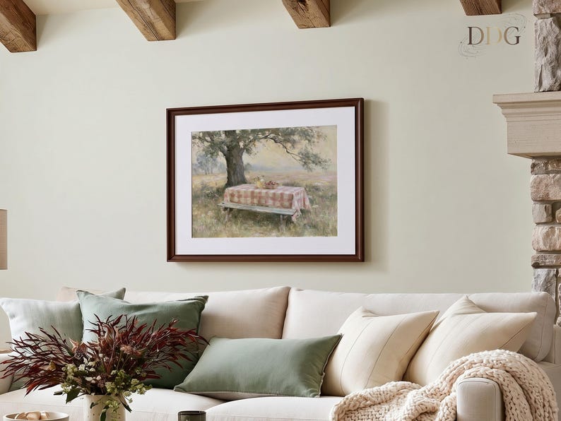Vintage Picnic Table Print, Summer Mood Scenery Wall Art, Muted Colors ...