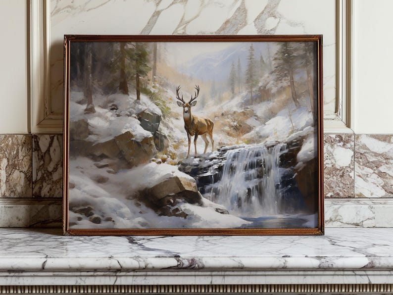 Deer Winter Stream Landscape Digital Print | Wildlife Snow Scenery Oil ...