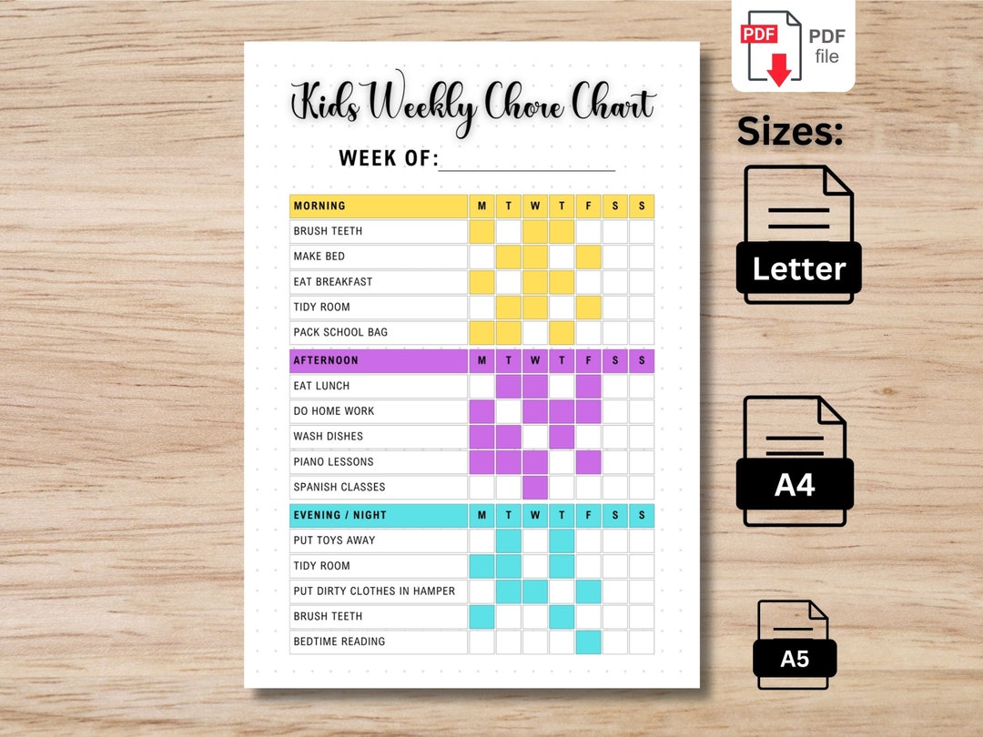 Kids Weekly Chore Chart | Printable Cleaning Checklist | A5, A4 ...