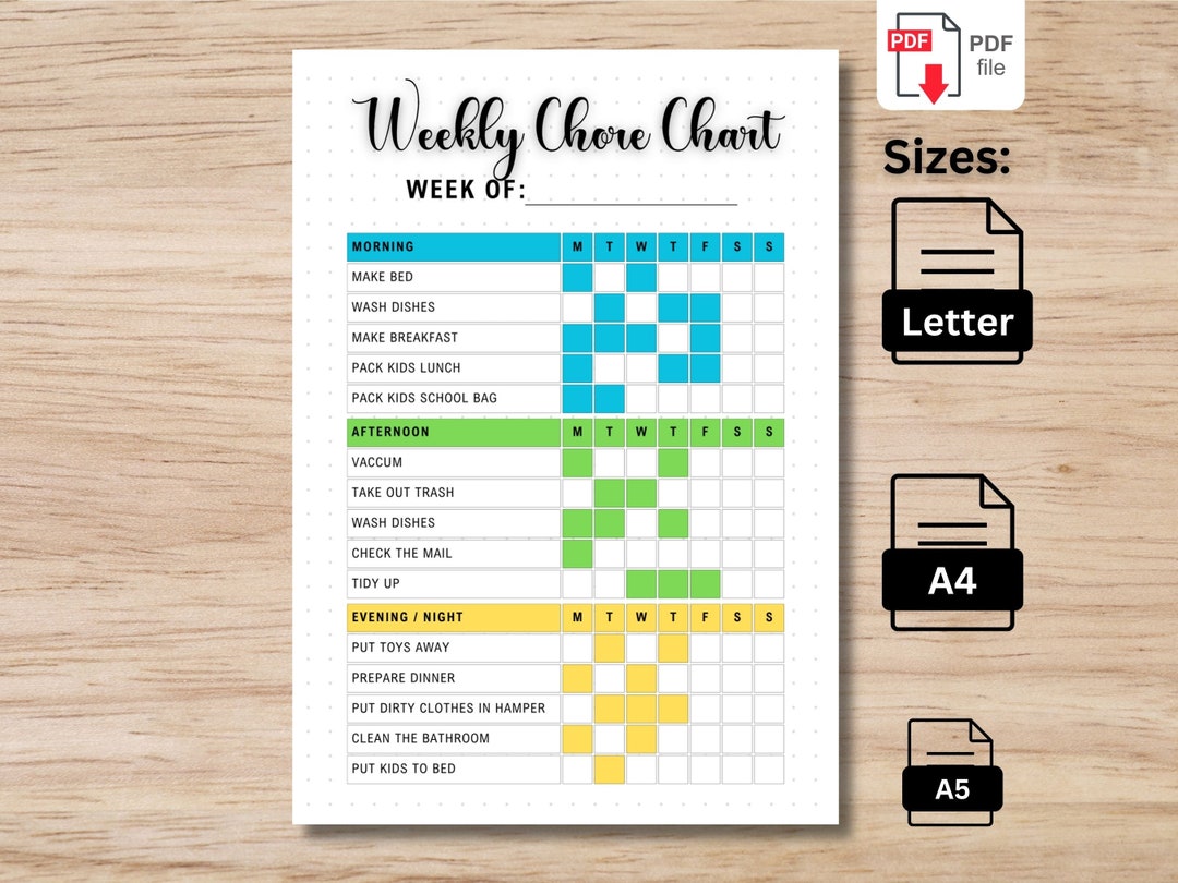 Weekly Chore Chart | Printable Cleaning Checklist | A5, A4 & Letter ...