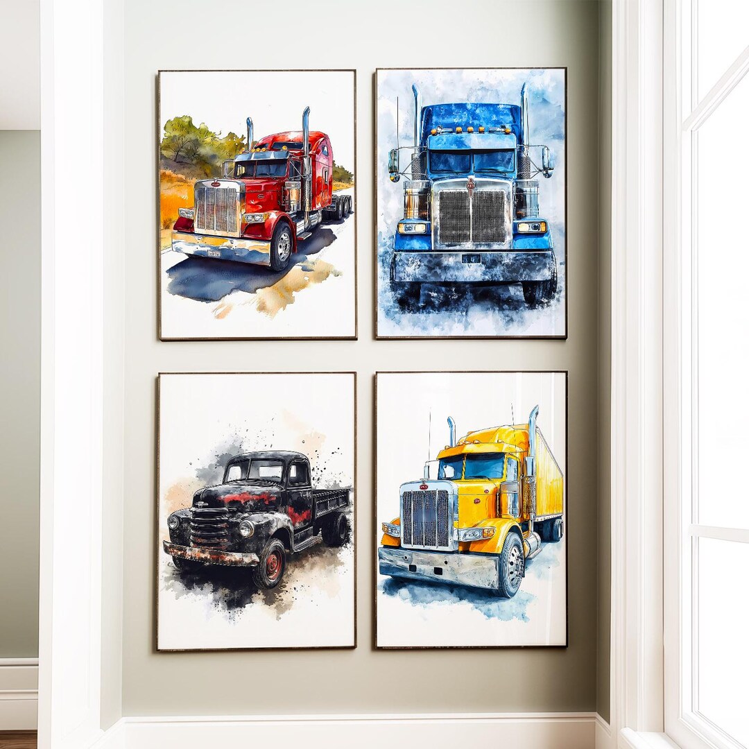 Set of 4 Truck Prints, Peterbilt Watercolor Poster, Digital ...