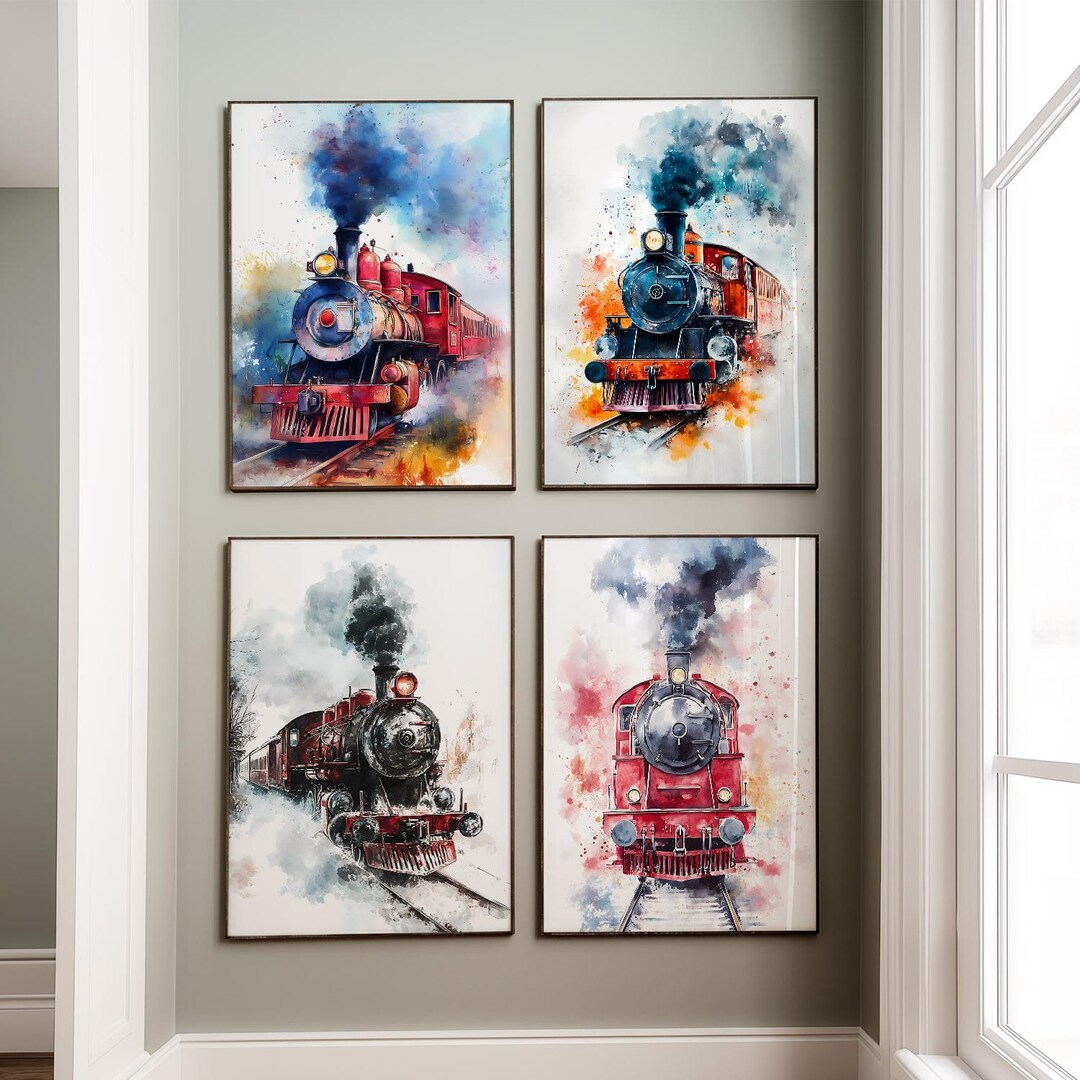 Set of 4 Old Locomotive Prints , Digital Illustration, Boys Room Wall ...