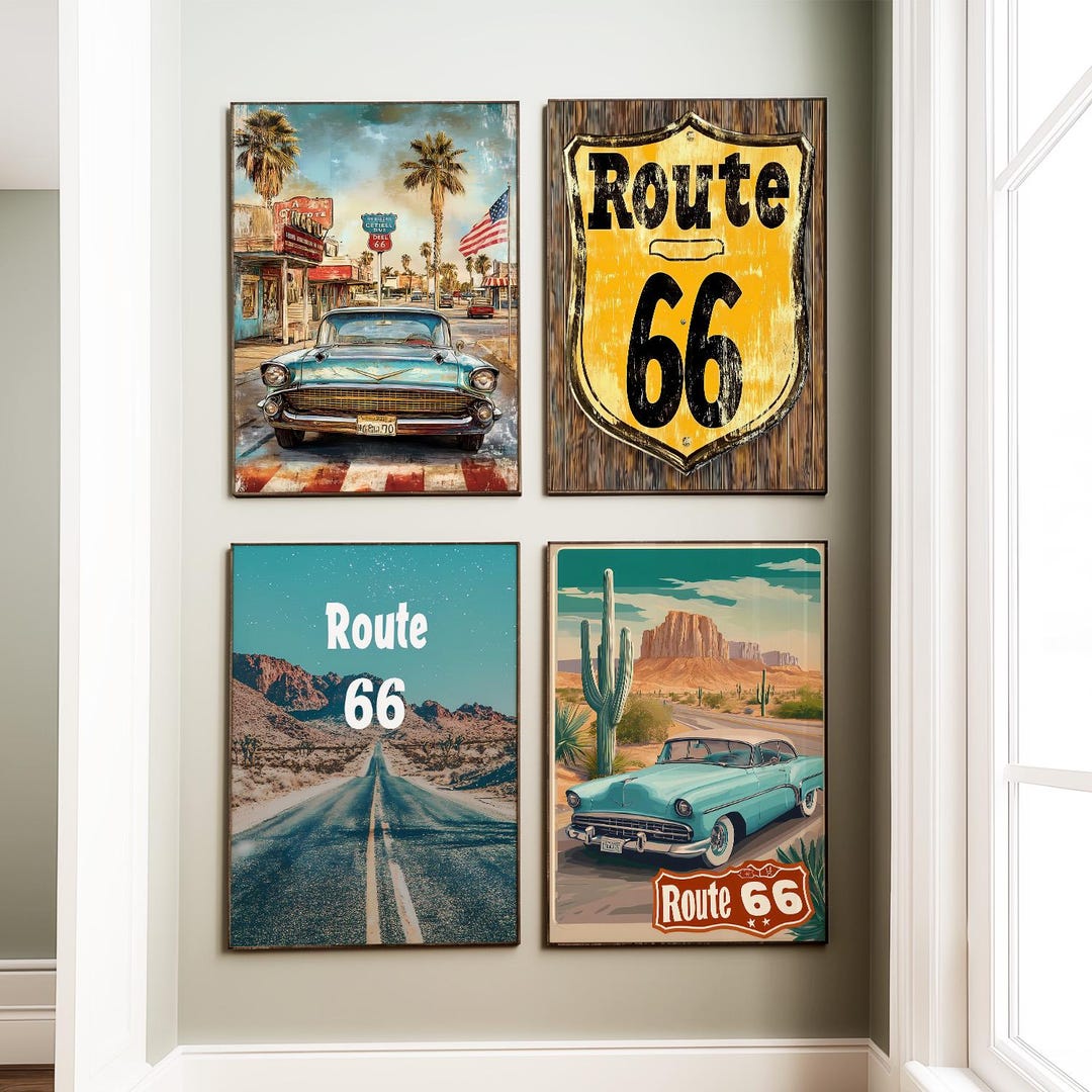 Set of 4 Vintage Route 66 Prints, American Poster, Digital Illustration ...