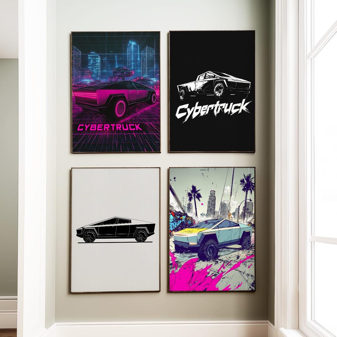 Set of 4 Tesla Cybertruck Prints, Car Poster, Digital Illustration ...