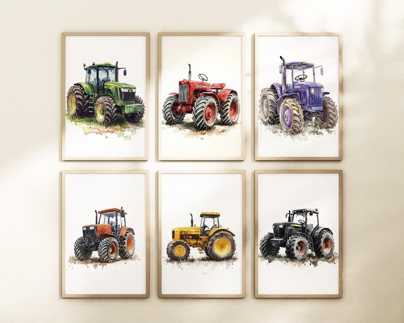 Set of 6 Tractors Prints, Watercolor Nursery Poster, Digital ...