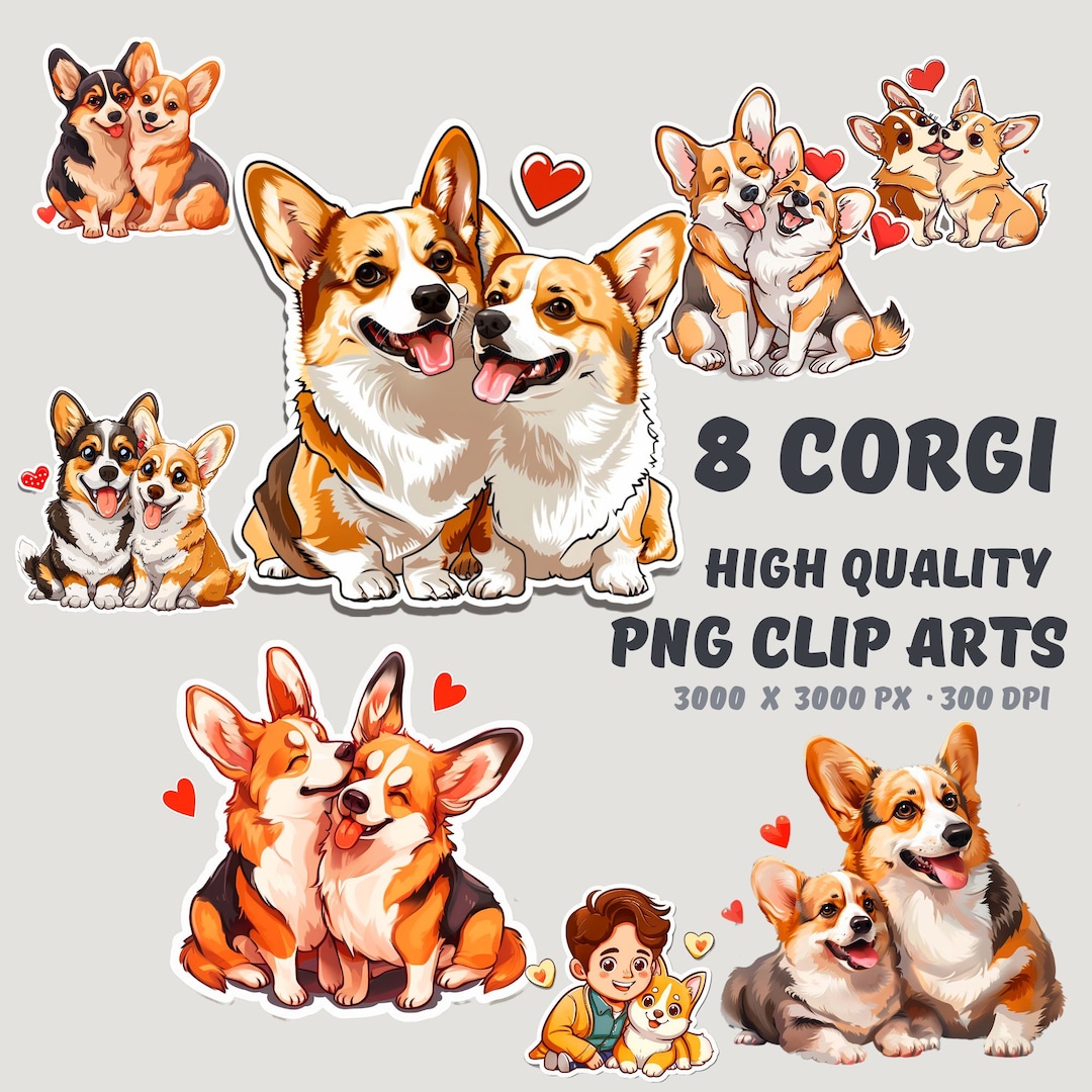 Set of 8 Cute Corgi Dogs PNG, Digital Illustration, Print Corgi Dog ...