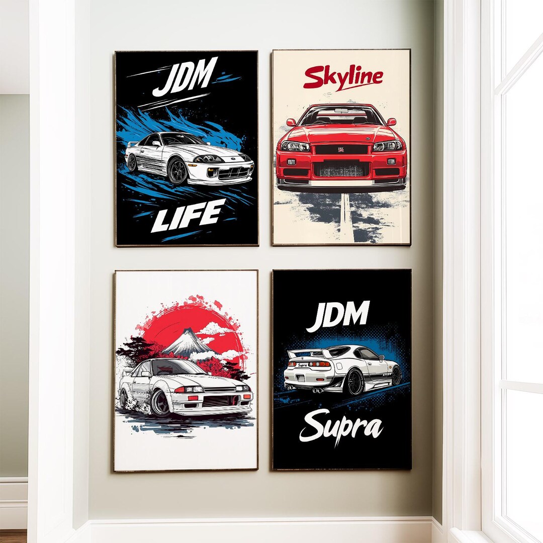 Set of 4 JDM Japan Car Prints, Boys Room Poster, Digital Illustration ...
