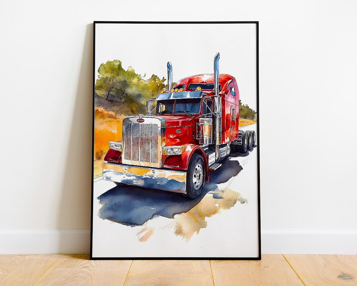 Set of 4 Truck Prints, Peterbilt Watercolor Poster, Digital ...