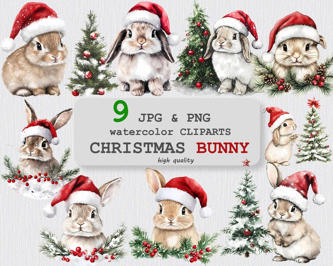 9 PNG & JPG Cute Bunny Christmas Clipart, Printable Watercolor Clipart ...