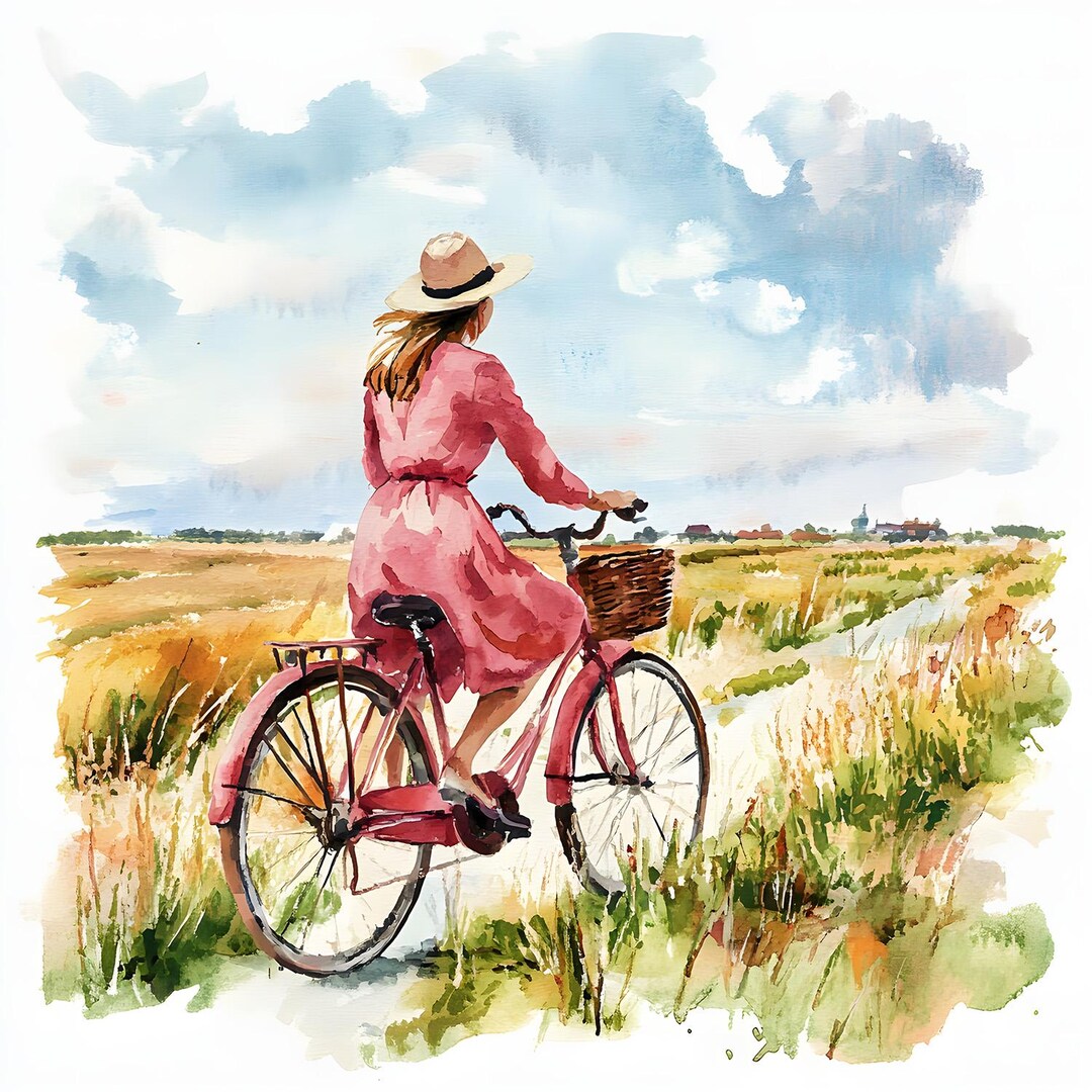 Watercolor Clipart | Girl on a Bicycle in Nature & City | 17 High ...