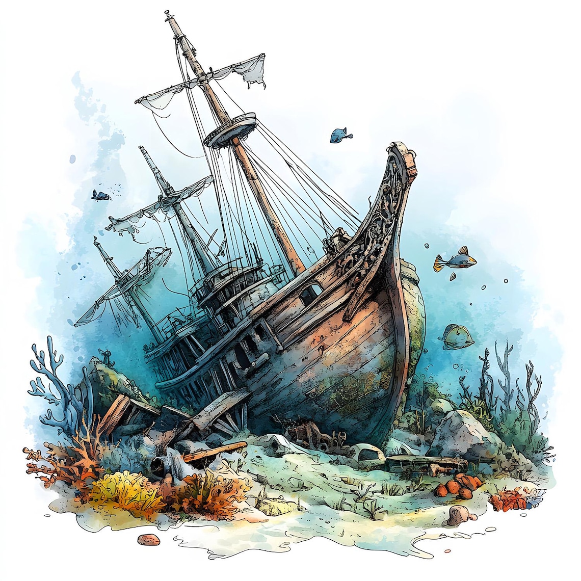 16 Sunken Ancient Ships, Watercolor Clipart, 16 High-quality JPG Images ...