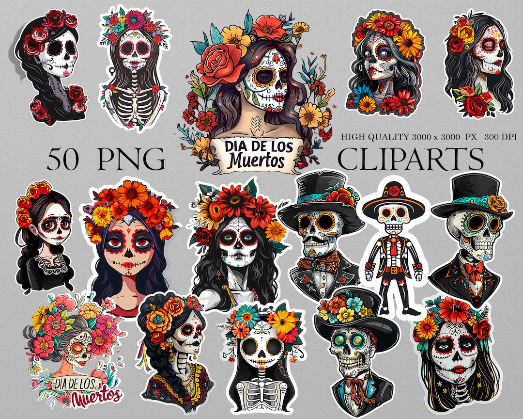 Set of 50 Dia De Los Muertos PNG Clipart, Digital Illustration, Day of ...