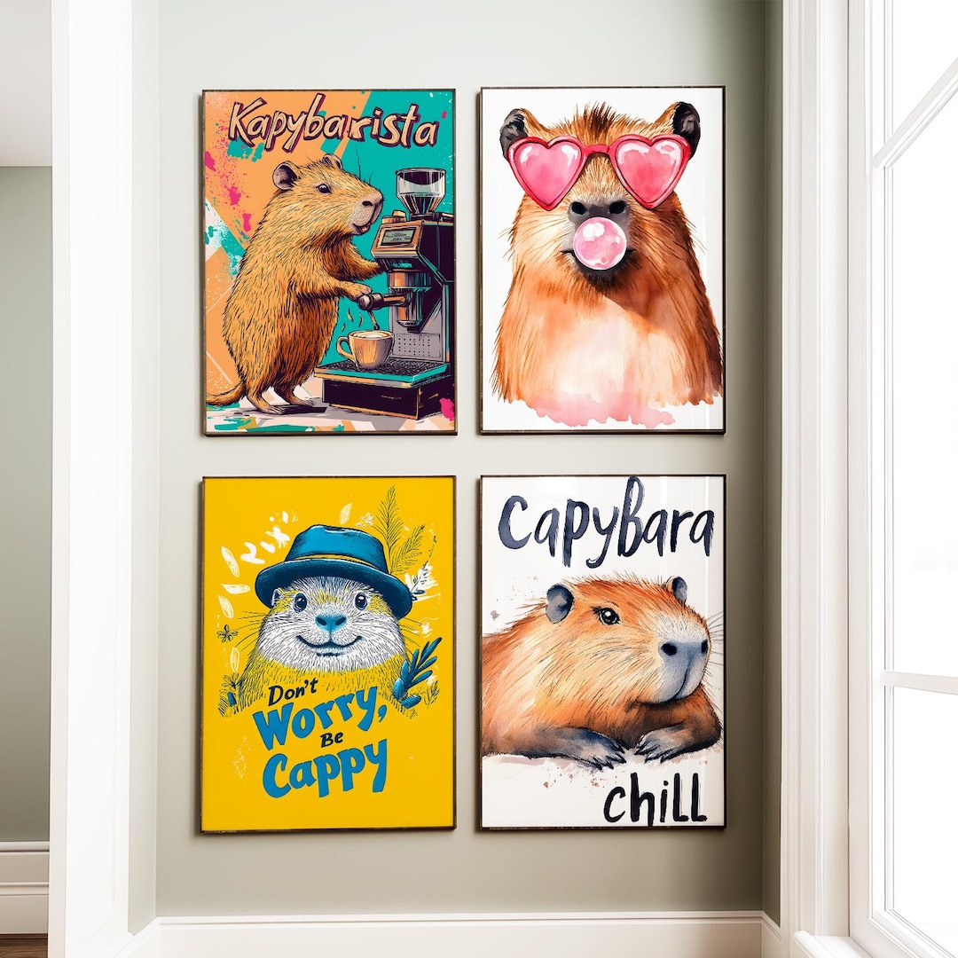 Set of 4 Capybara Prints, Watercolor Animal Poster, Digital ...