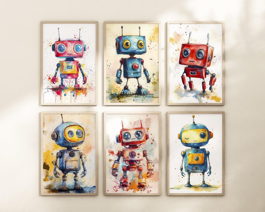 Set of 6 Robots Prints, Watercolor Nursery Poster, Digital Illustration ...