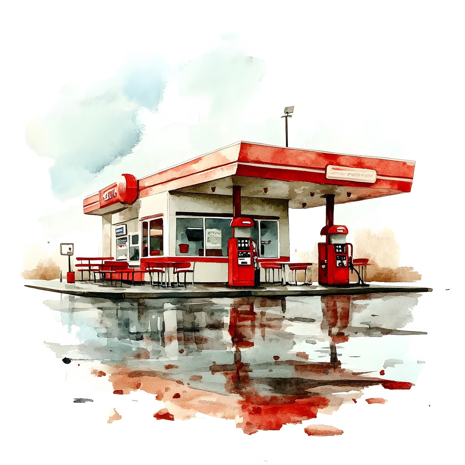 10 JPG Images of Vintage Gas Stations Watercolor Clipart | Retro Petrol ...