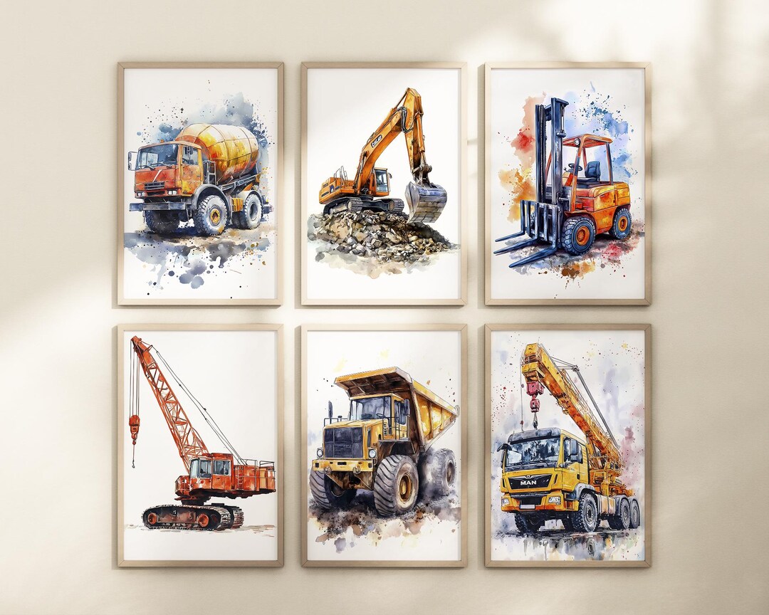 Set of 6 Construction Equipment Posters, Watercolor Nursery Poster ...