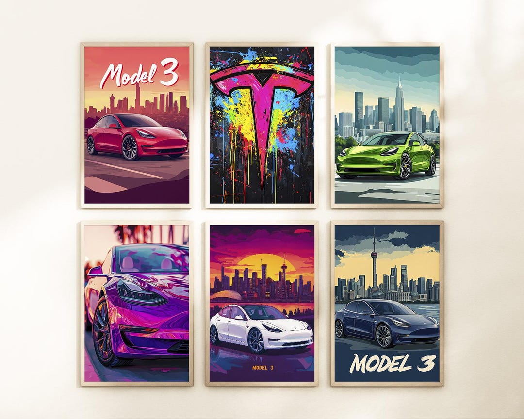 Set of 6 Tesla Model 3 Prints, Watercolor Poster, Digital Illustration ...