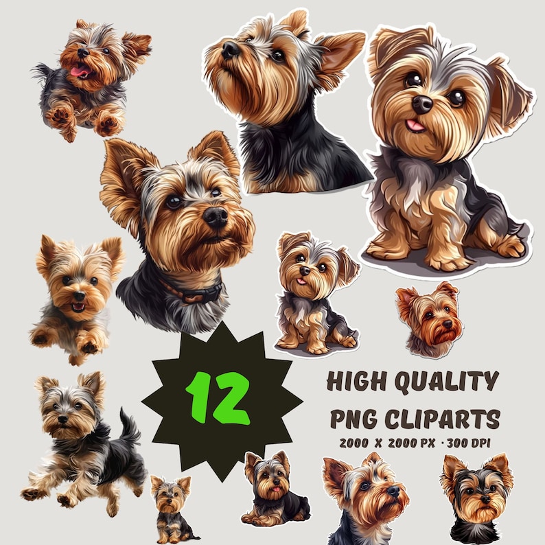 Set of 12 Cute Yorkshire Terrier PNG Digital Illustration, Yorkshire Terrier Clip Art Bundle ...