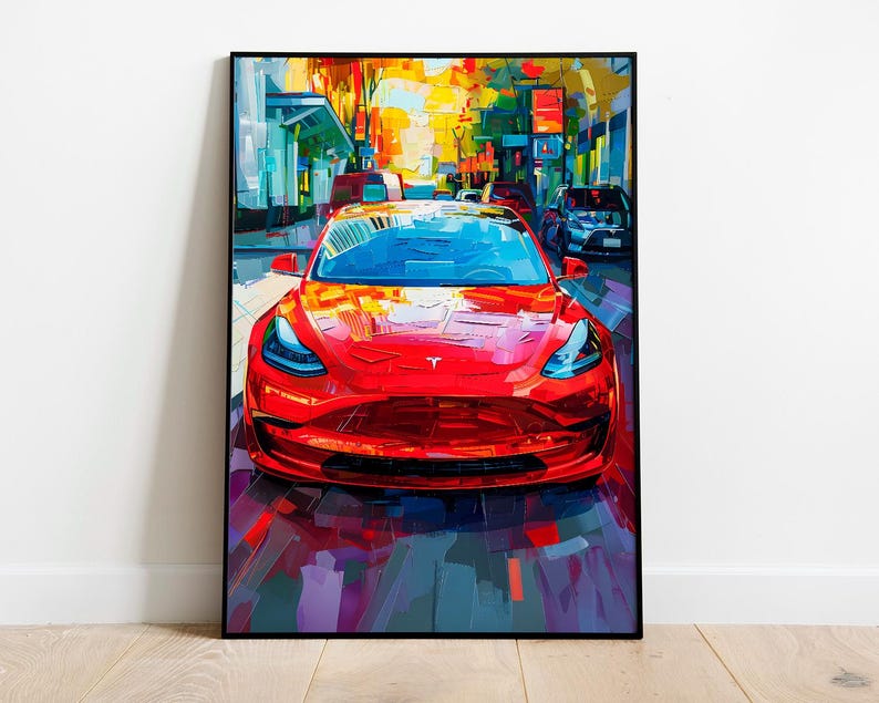 Tesla Model 3 Acrylic Painting Poster Modern Car Art Print, Electric ...