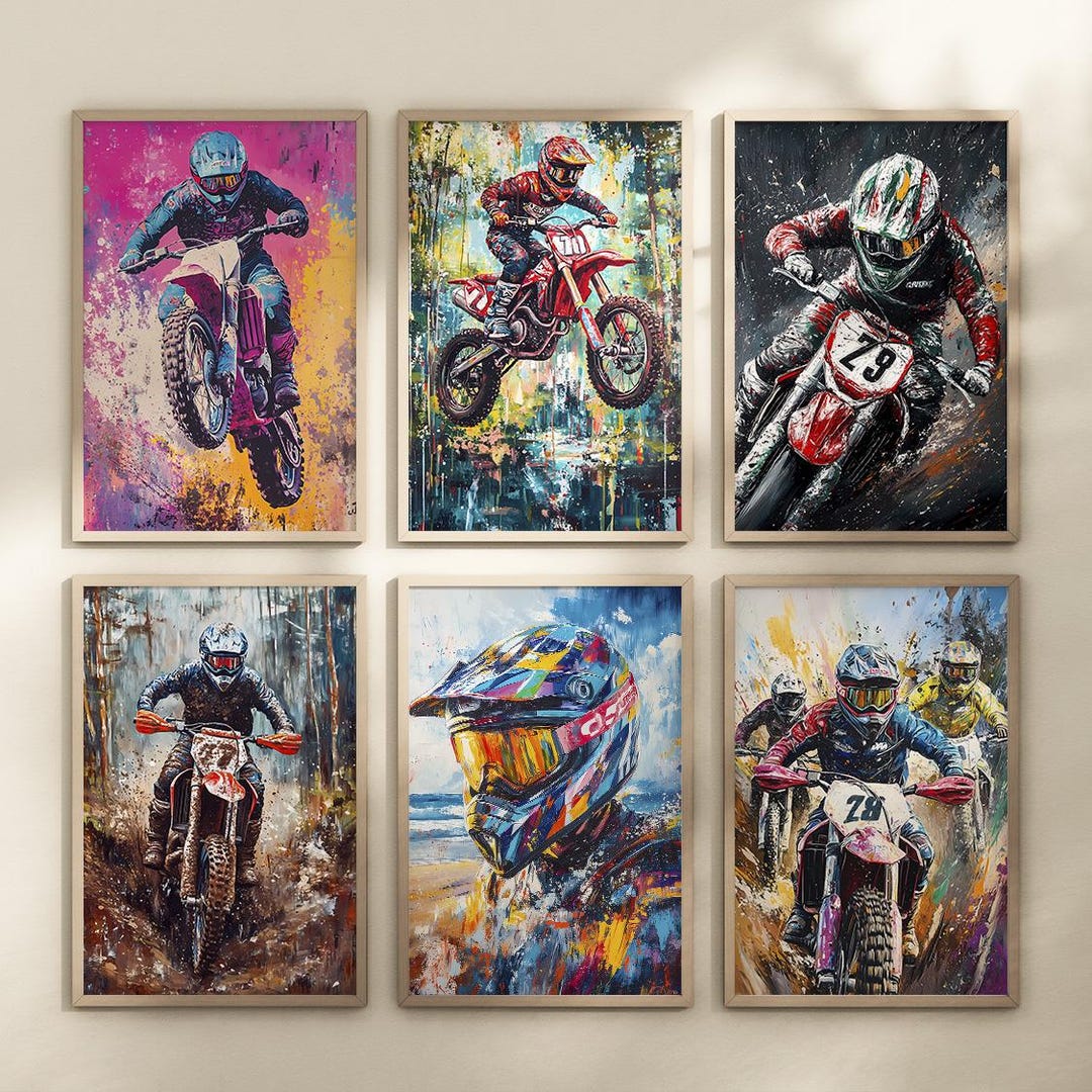 Set of 6 Motocross Prints, Acrylic Moto Poster, Digital Illustration ...