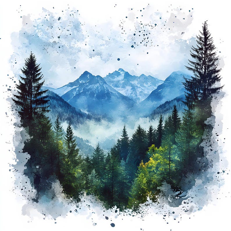 23 Scenic Alpine Mountains Watercolor Clipart Set, Beautiful ...
