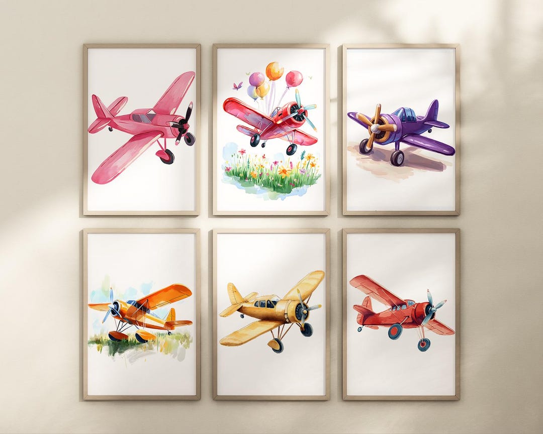 Set of 6 Cute Planes Prints, Watercolor Nursery Poster, Digital ...