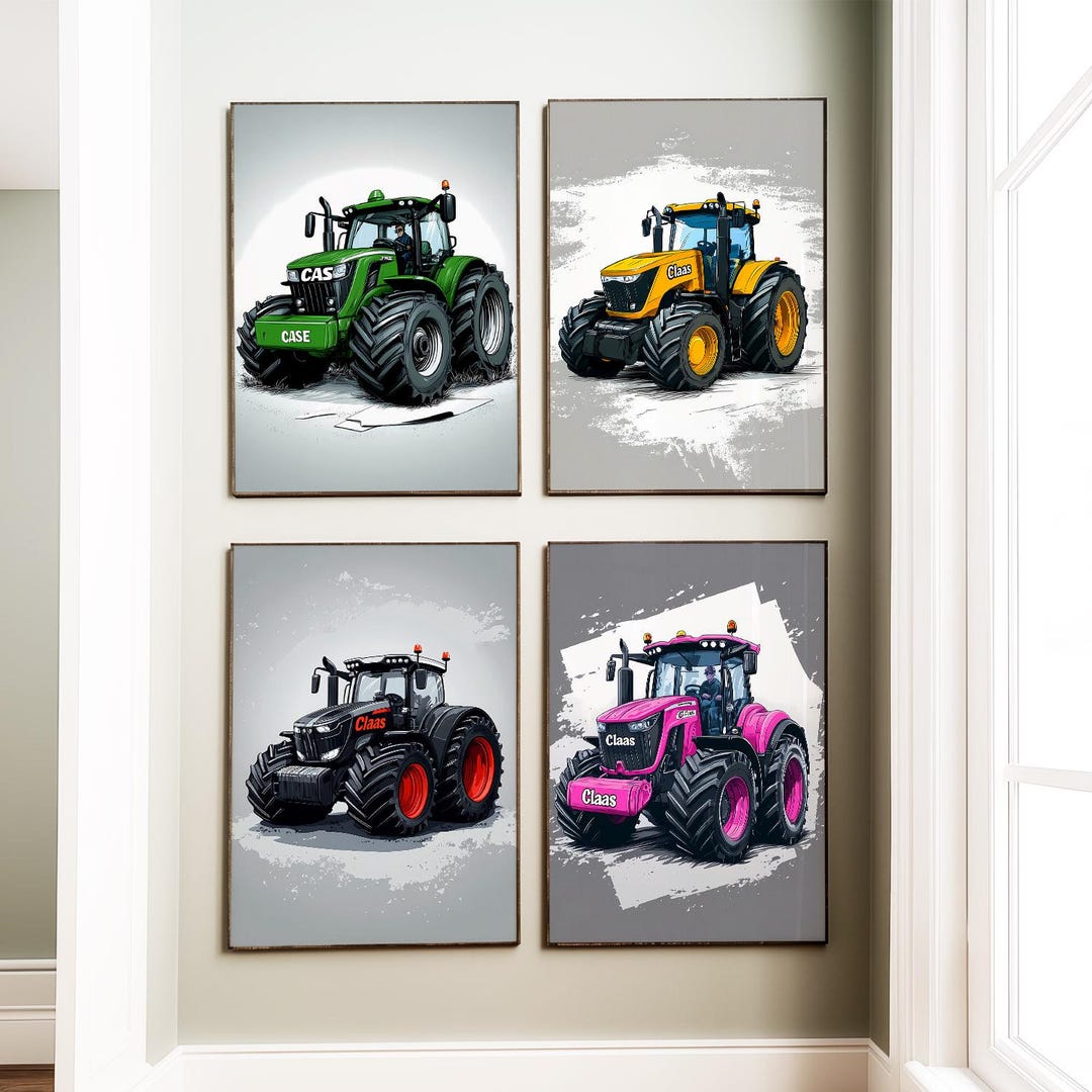 Set of 4 Colorful Tractors Prints, Nursery Poster, Digital Illustration ...