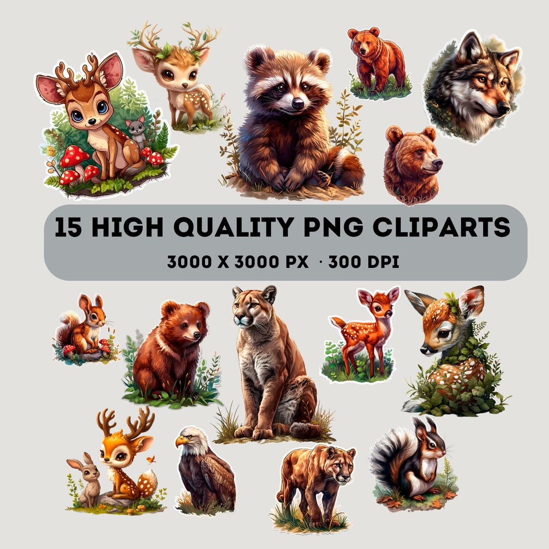 Set of 15 Cute Forest Animals Clipart PNG Digital Illustration Animal ...