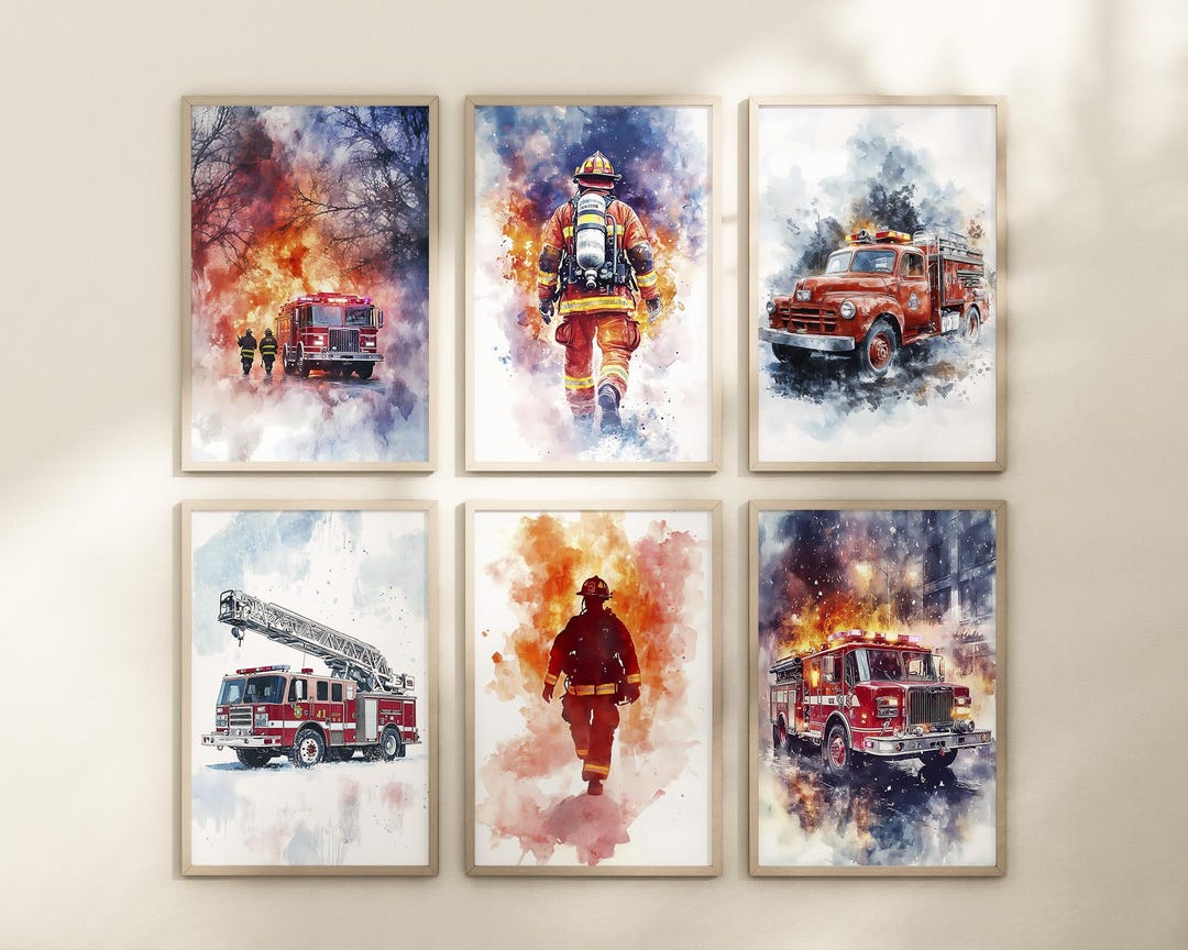 Set of 6 Fire Rescue Prints, Watercolor Poster, Digital Illustration ...