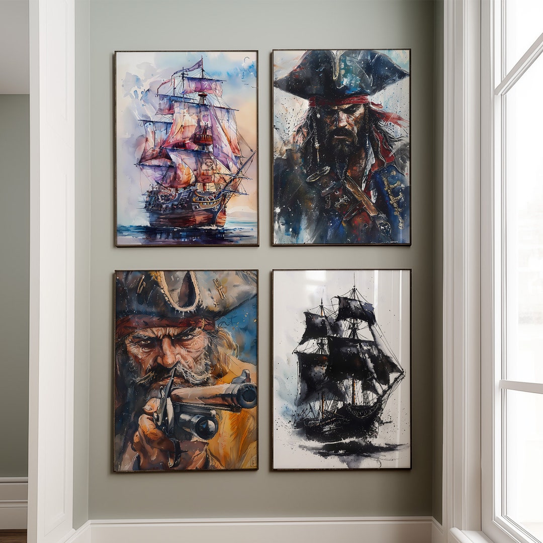 4 Cool Pirates Posters, Pirate Ship Prints, Watercolor Poster, Digital ...