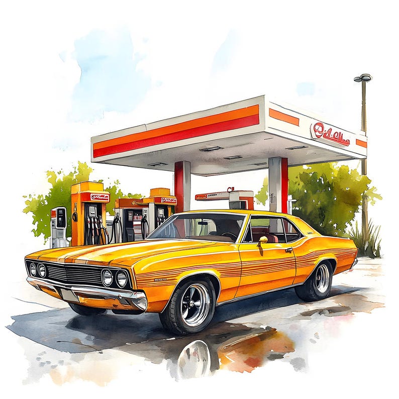 10 JPG Images of Vintage Gas Stations Watercolor Clipart | Retro Petrol ...
