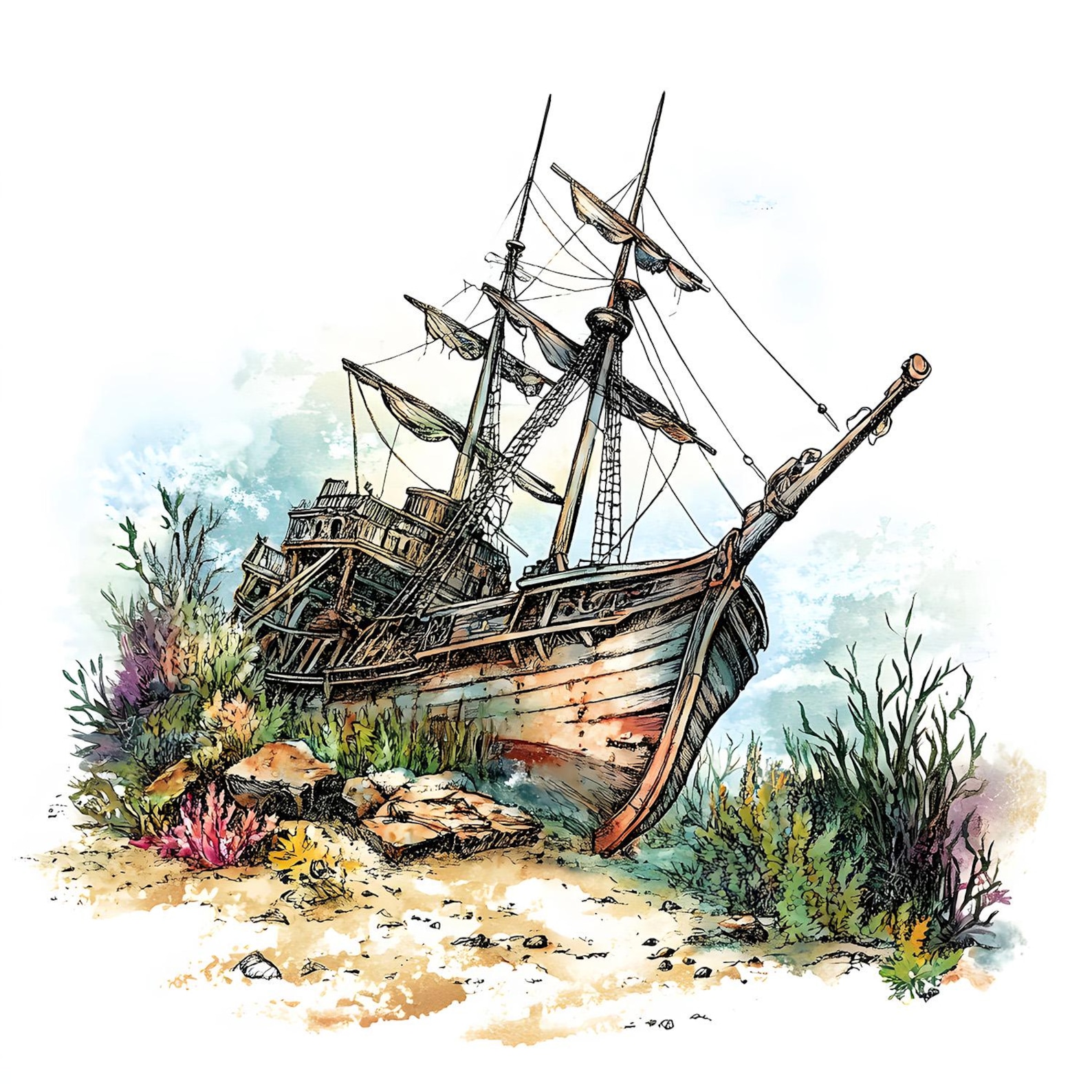 16 Sunken Ancient Ships, Watercolor Clipart, 16 High-quality JPG Images ...