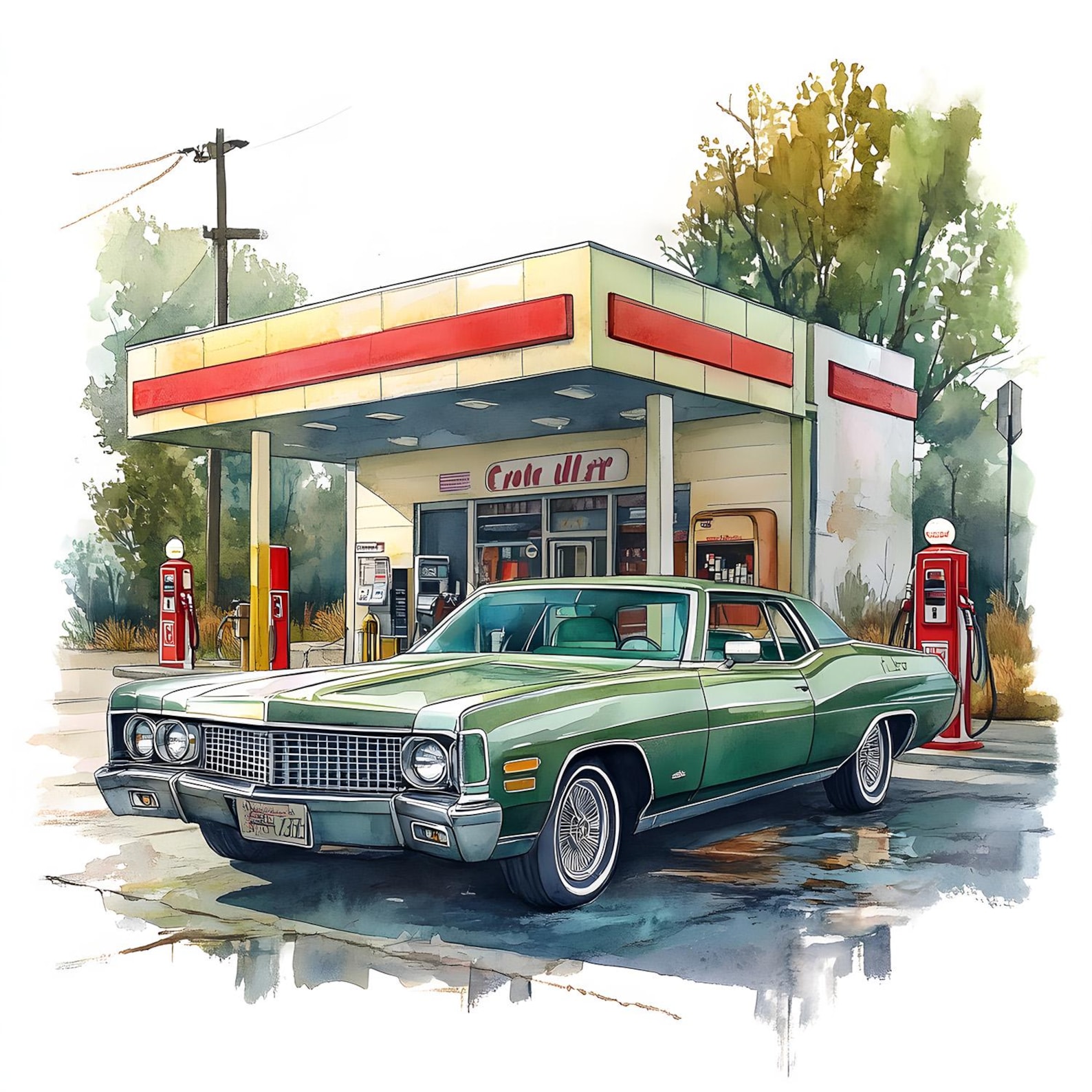10 JPG Images of Vintage Gas Stations Watercolor Clipart | Retro Petrol ...