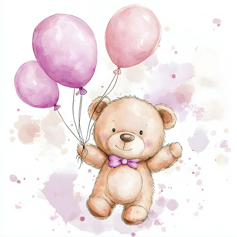Watercolor Clipart Teddy Bear With Balloons – 10 JPG Images, Cute ...