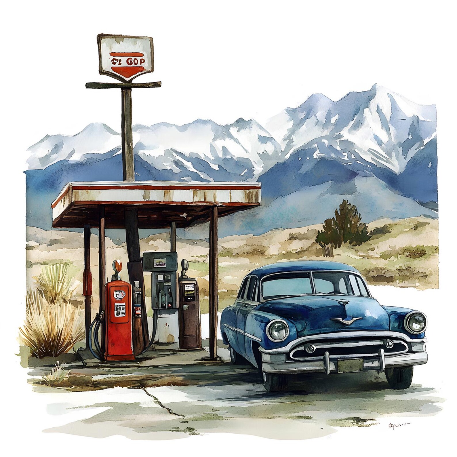 10 JPG Images of Vintage Gas Stations Watercolor Clipart | Retro Petrol ...