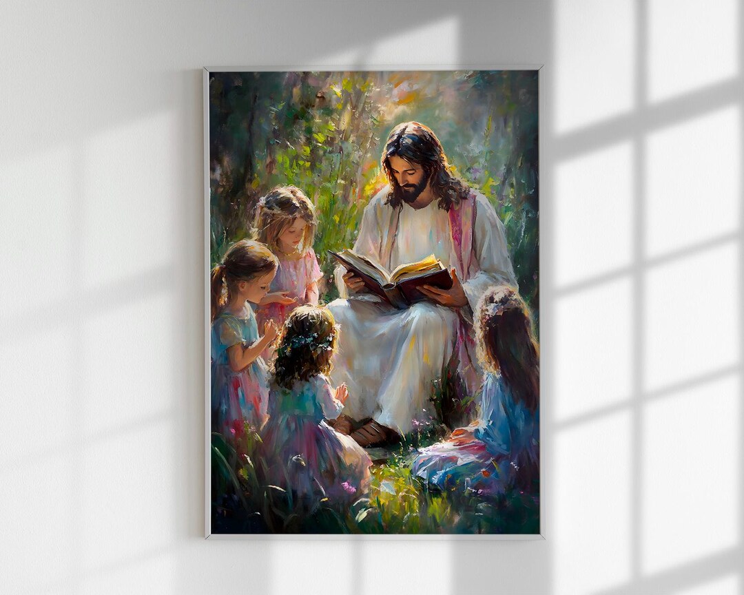 Jesus Christ Reads the Bible to Children , Oil Painting Poster, Digital ...