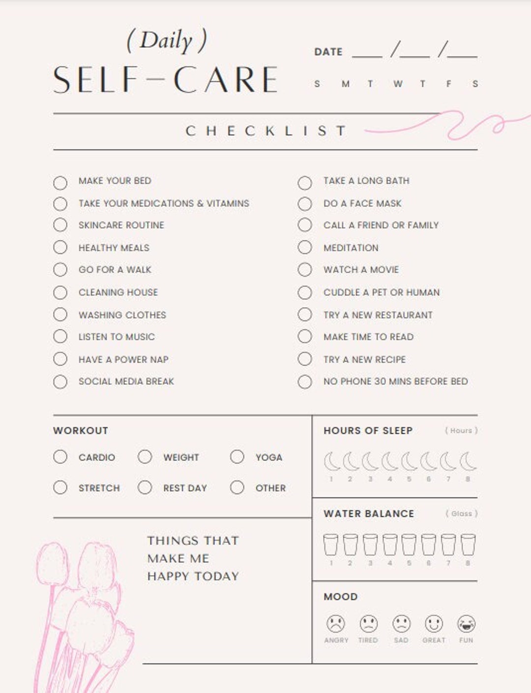 Daily Self-care Checklist Digital, Daily Planner, Printable Check-list ...