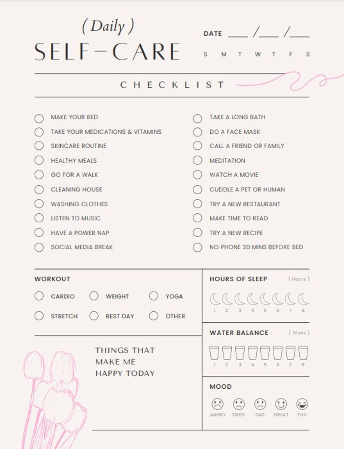 Daily Self-care Checklist Digital, Daily Planner, Printable Check-list ...