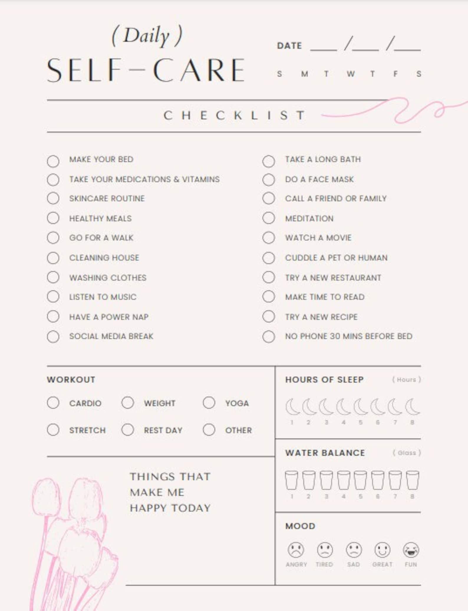 Daily Self-care Checklist Digital, Daily Planner, Printable Check-list ...