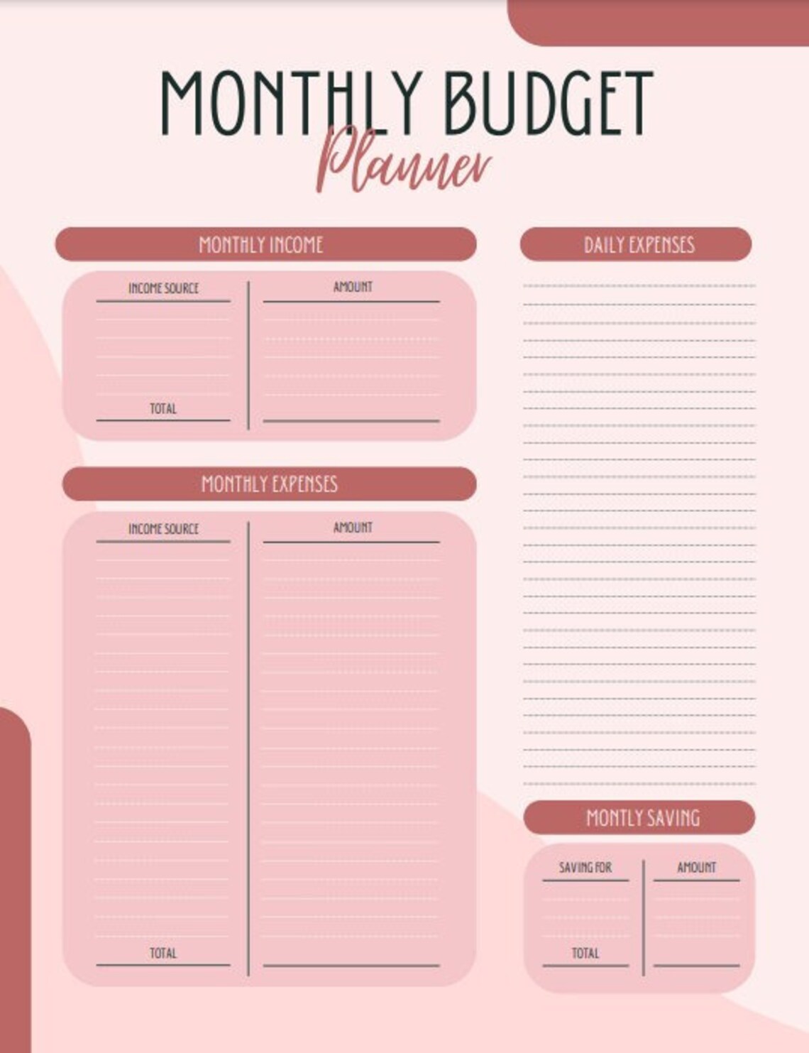 Monthly Budget Planner Digital, Financial Planner, Printable Budget ...