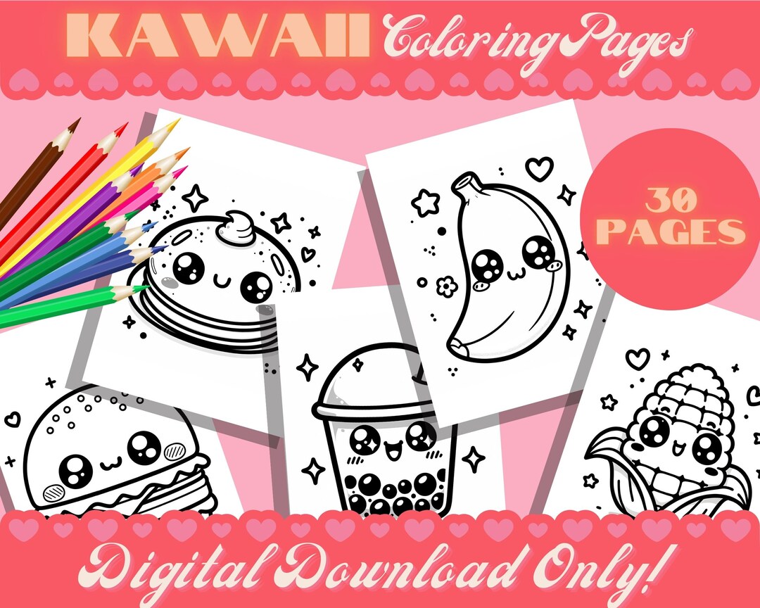 30 Kawaii Food & Drink Coloring Pages, Volume 1, Printable PDF, Digital ...